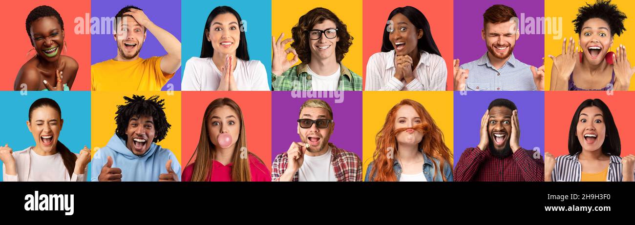 Funny bright group of different cheerful, smiling, surprised people on ...