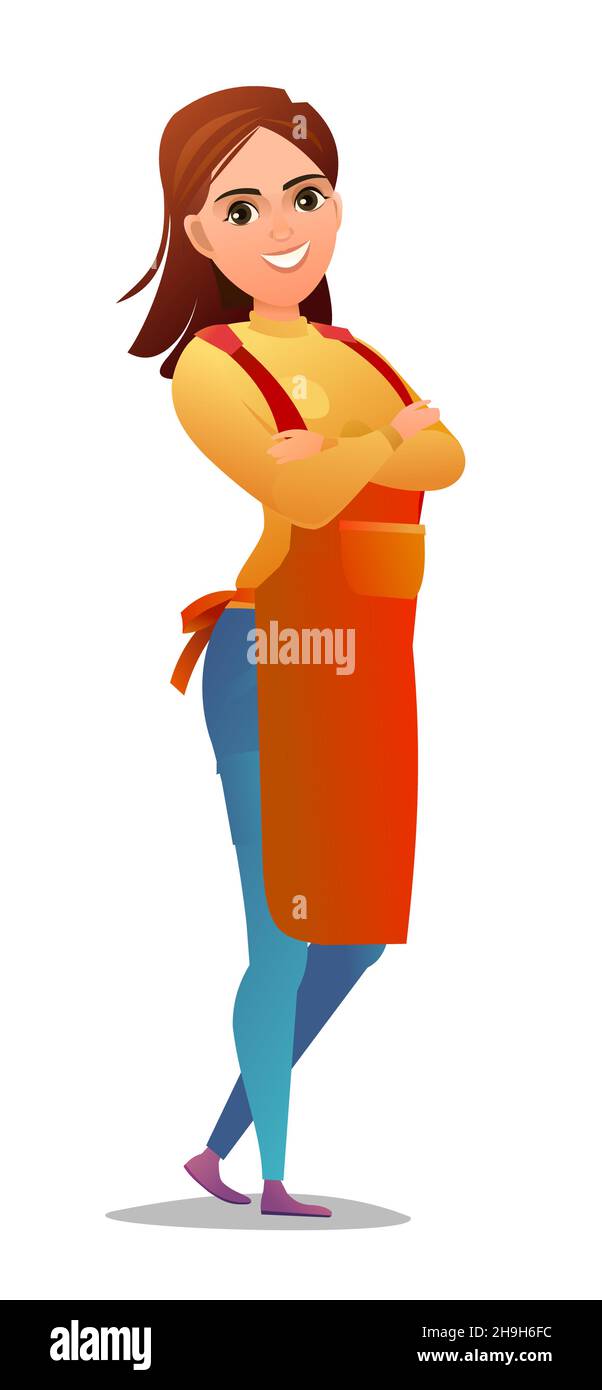 Woman craftsman or artist. Girl in apron. Master in workwear. Cheerful ...