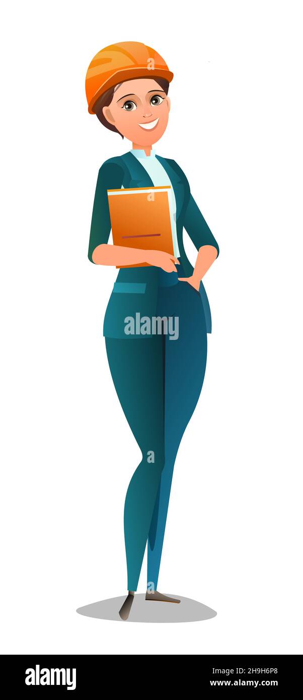 Woman engineer in suit and protective helmet. Office girl at ...