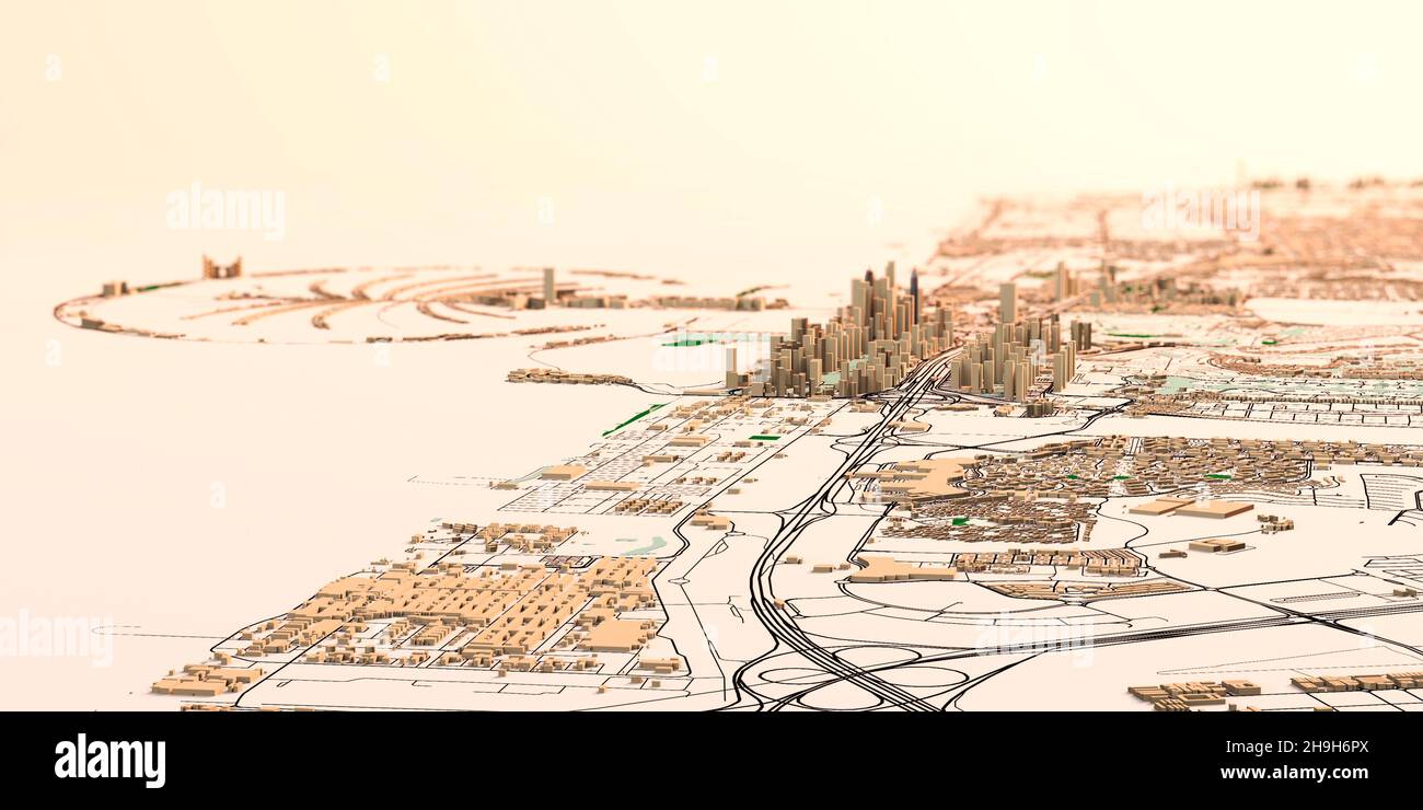 Satellite map of Dubai, United Arab Emirates, city streets. Palaces ...