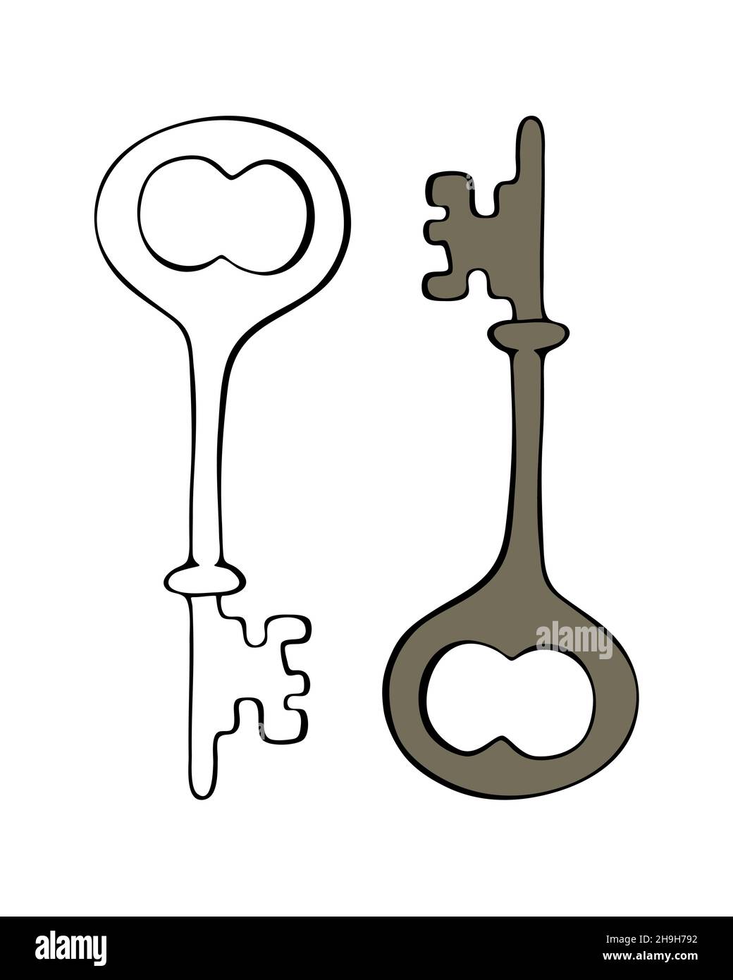 Key old vintage hand drawn style doodle, outline black silhouette ...