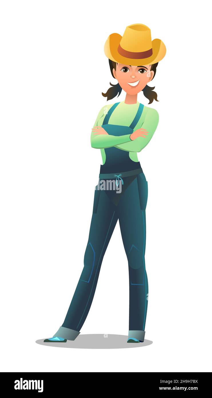 Woman villager farmer in overalls. Girl is an agricultural worker ...