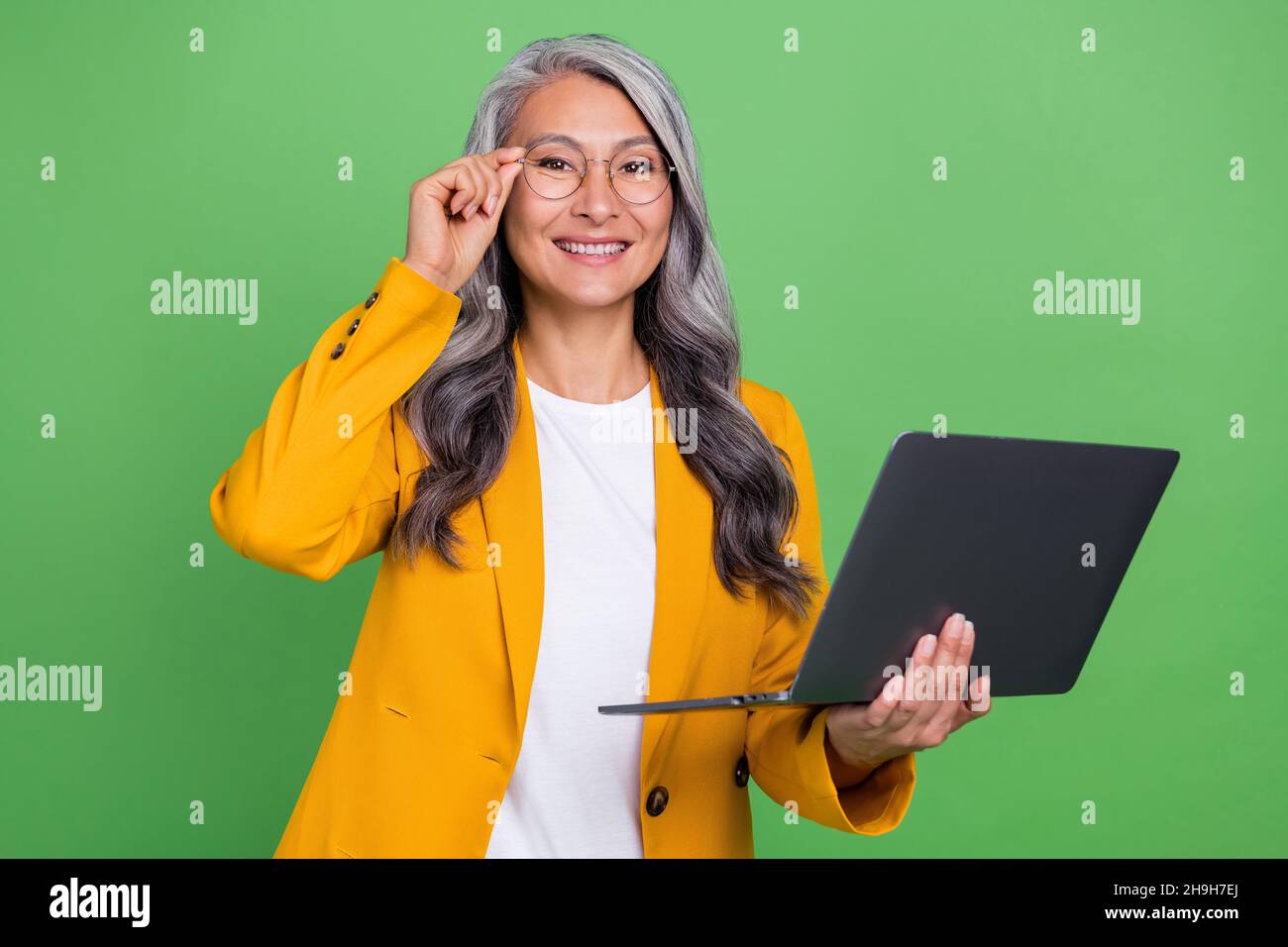 Photo of senior clever lady eyewear use laptop training workshop boss ...