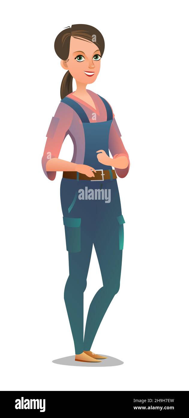 Woman in overalls. Service girl. Handyman, locksmith or repairman ...