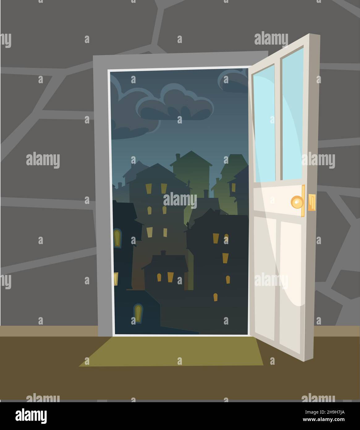 Opened door. From inside of room at home. Night view on town. Stone ...