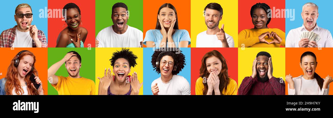 Collage of headshots shocked, laughing successful young and aged black ...