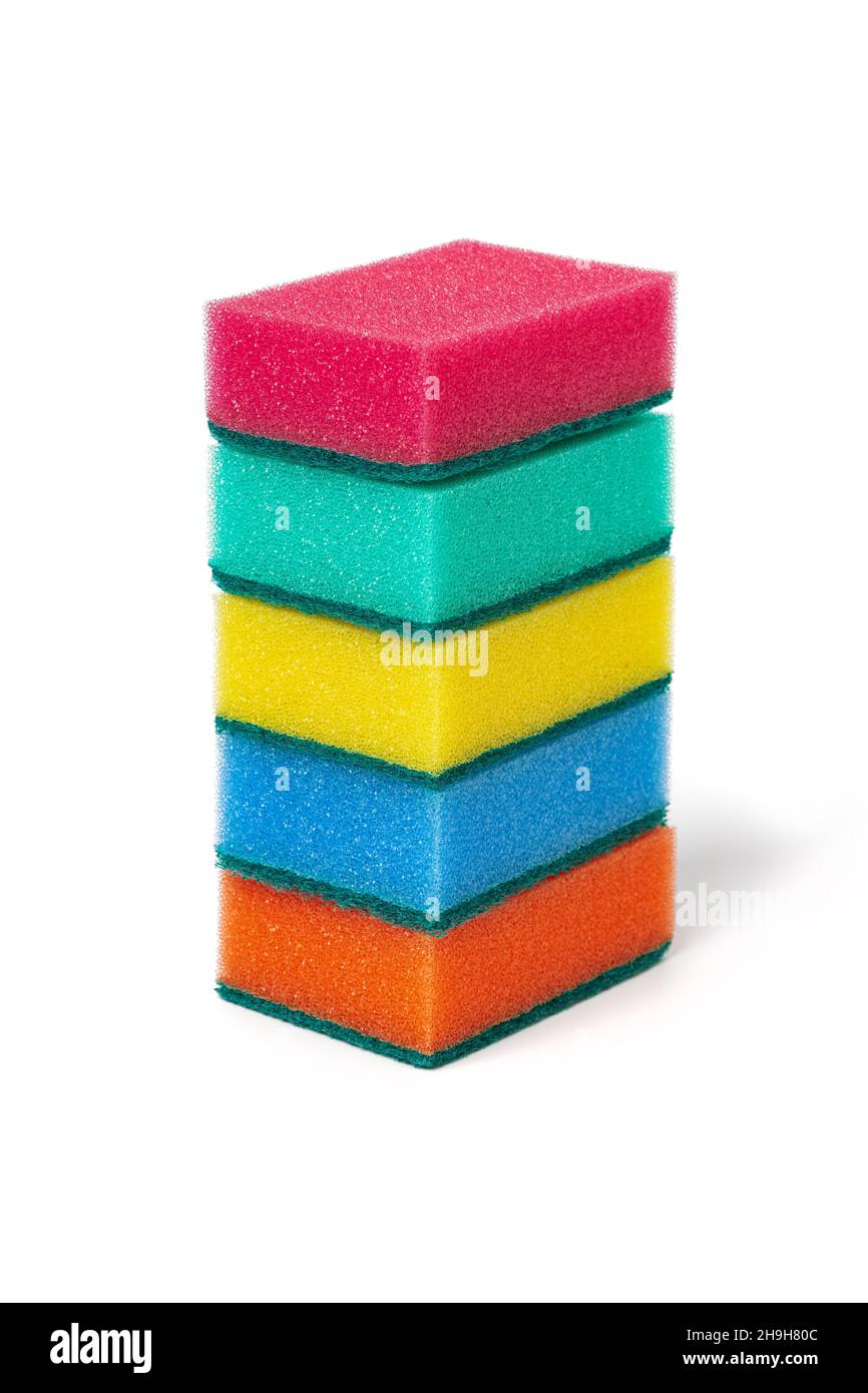 Set of different bright colored rectangular foam sponges for washing ...
