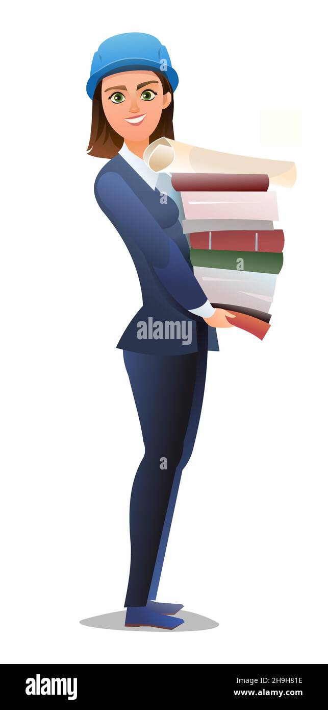 Woman engineer in suit and protective helmet. Office girl at ...