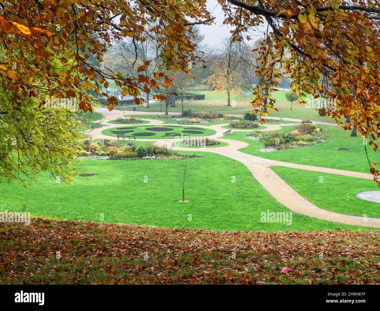 Formal gardens in Peel Park in Autumn in the City of Salford Greater ...