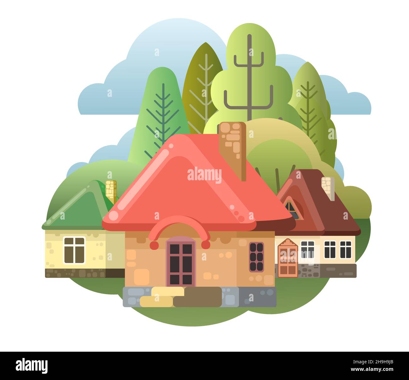 Cozy rural houses. Funny cartoon style. Country suburban village. Farm ...