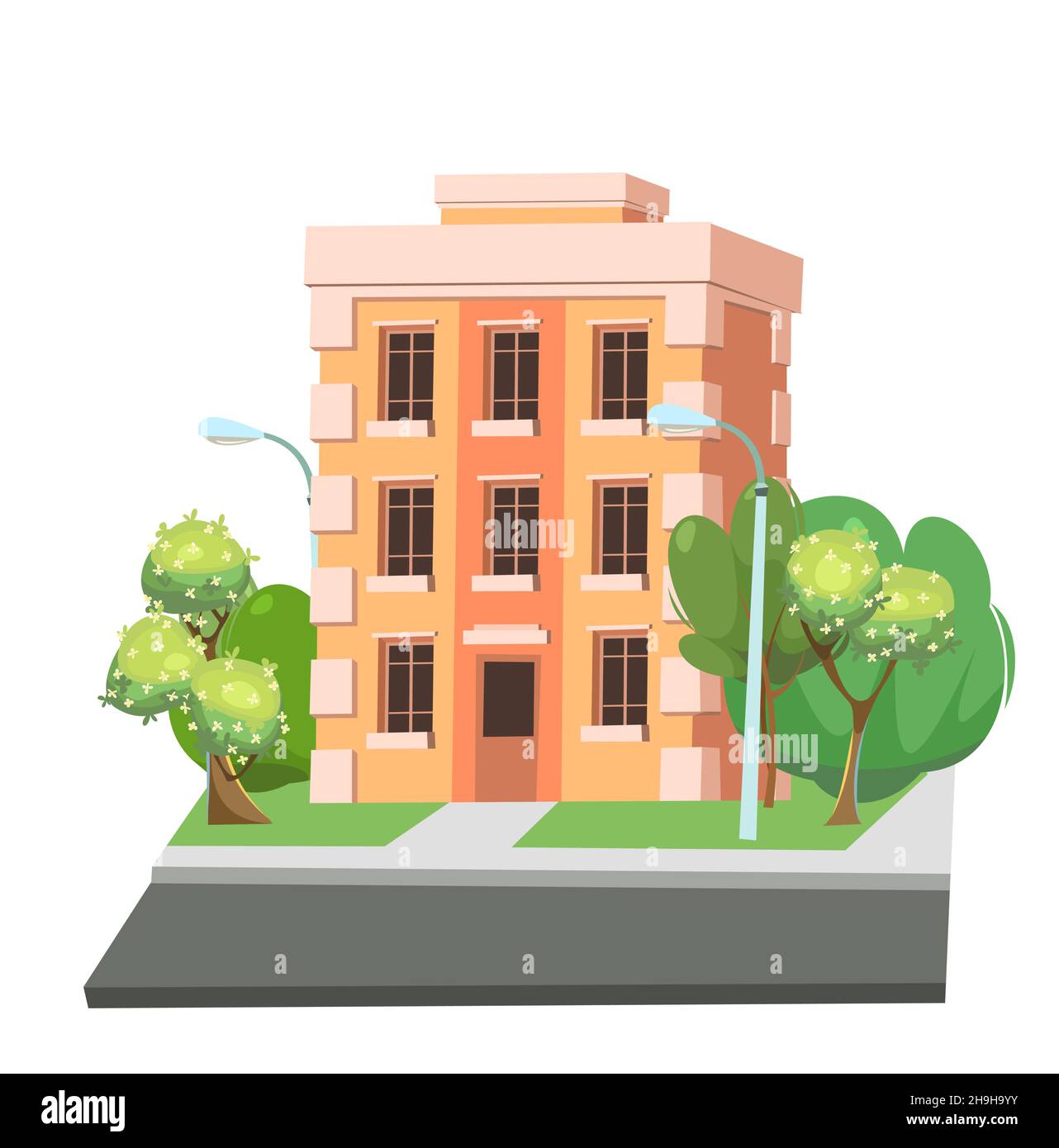 Orange city building. Among the trees. Cartoon fun flat style. Isolated ...