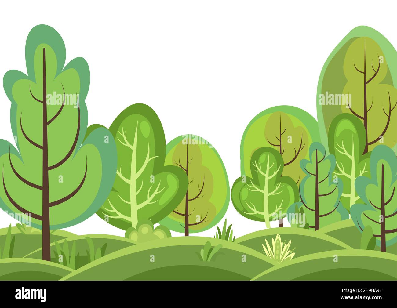 Flat forest. Illustration in a simple symbolic style. Funny green rural ...
