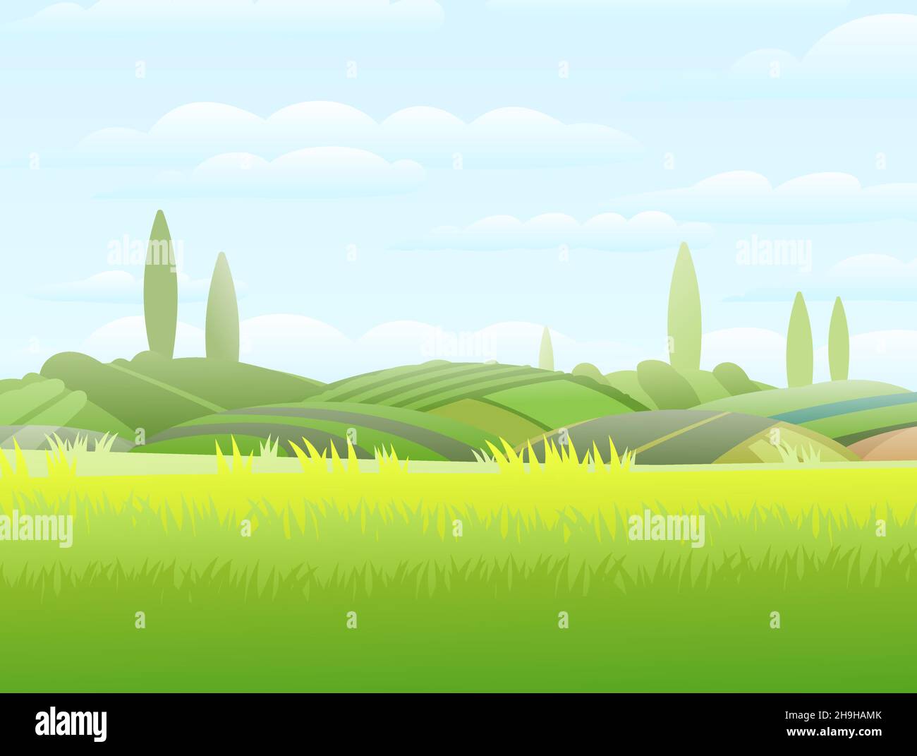 Rural grass field. Vegetables and grassy hills. Farm cute landscape ...