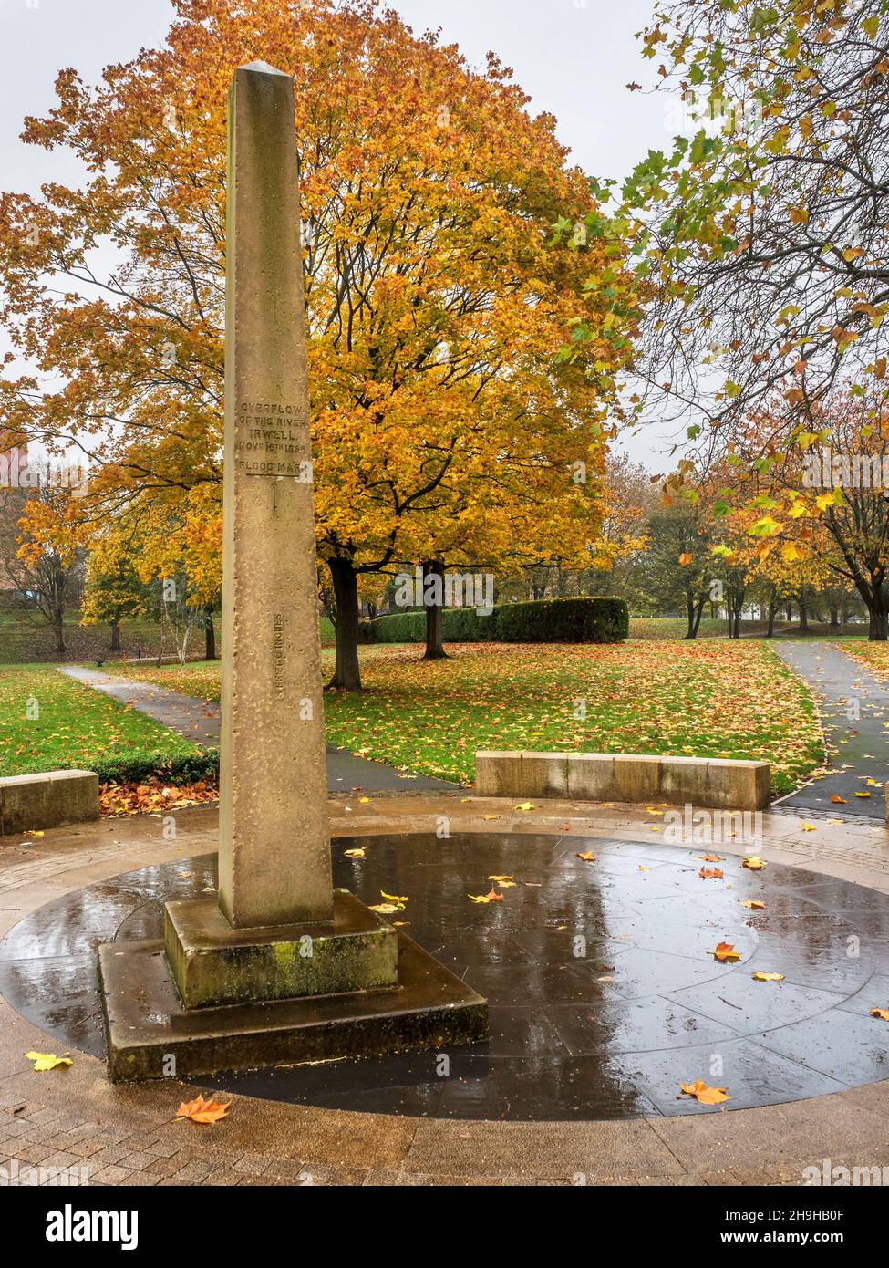 The Flood Obelisk marking the 1866 flood height in Peel Park in Autumn ...