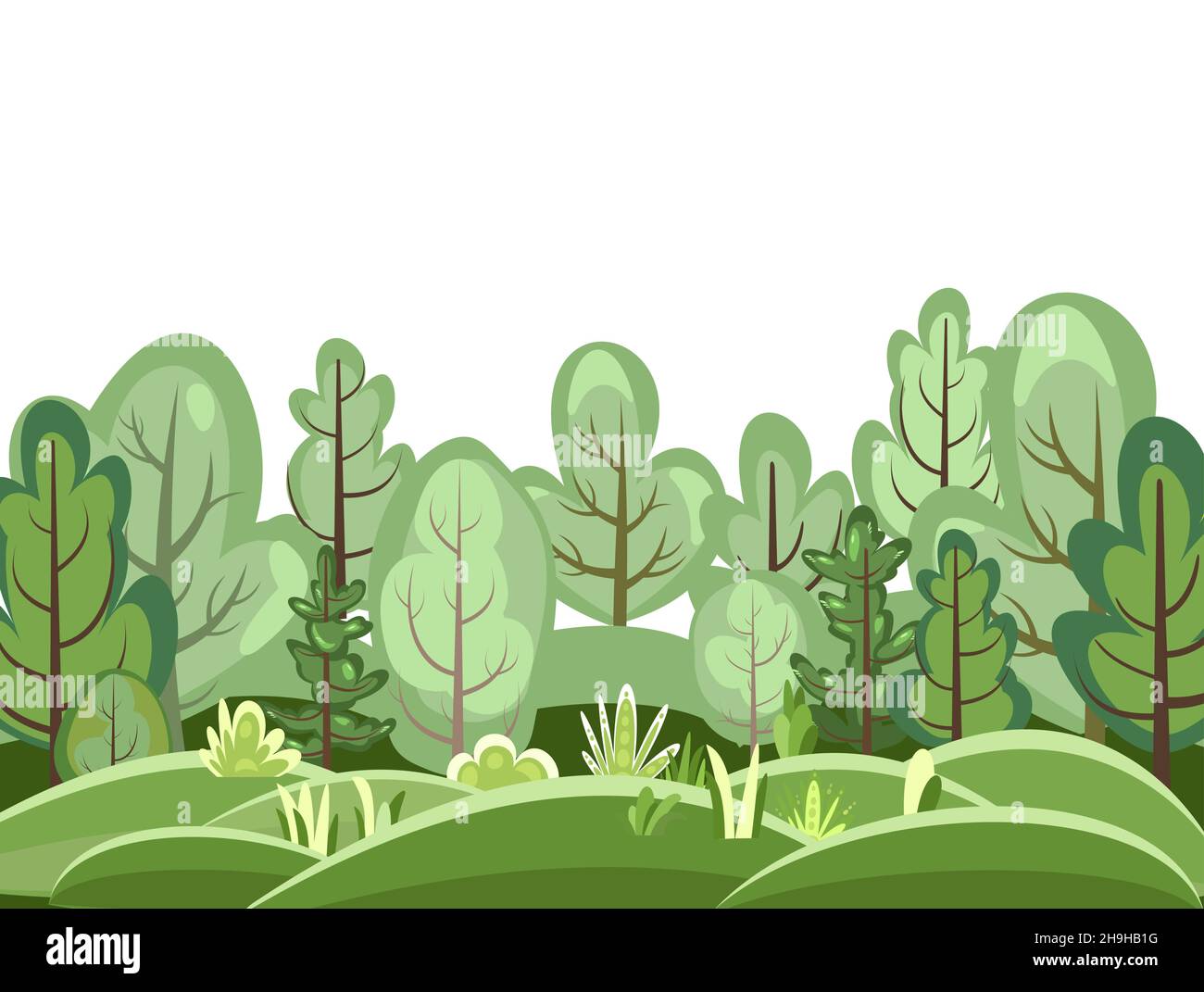 Flat forest. Illustration in a simple symbolic style. Funny green rural ...