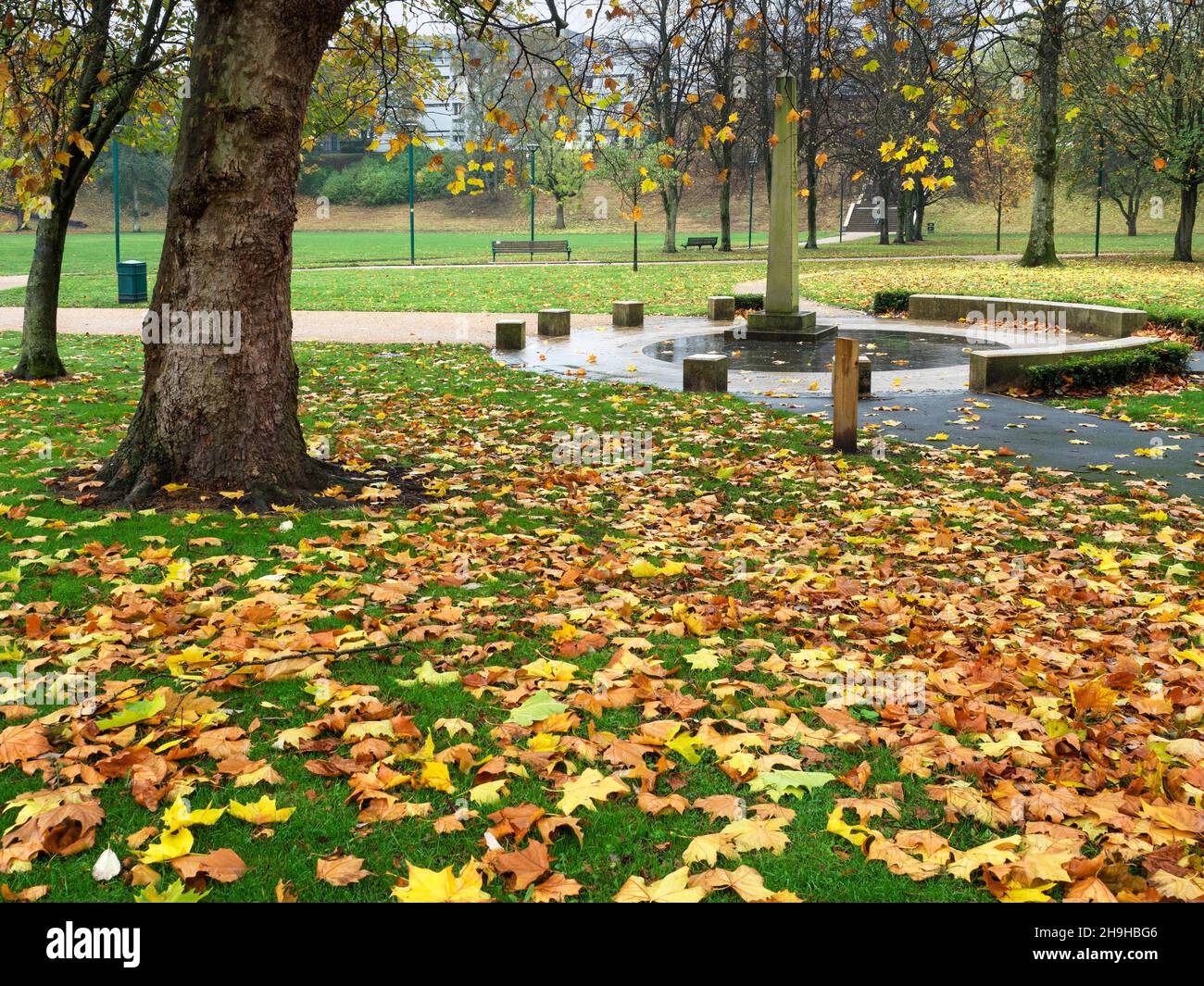 The Flood Obelisk marking the 1866 flood height in Peel Park in Autumn ...
