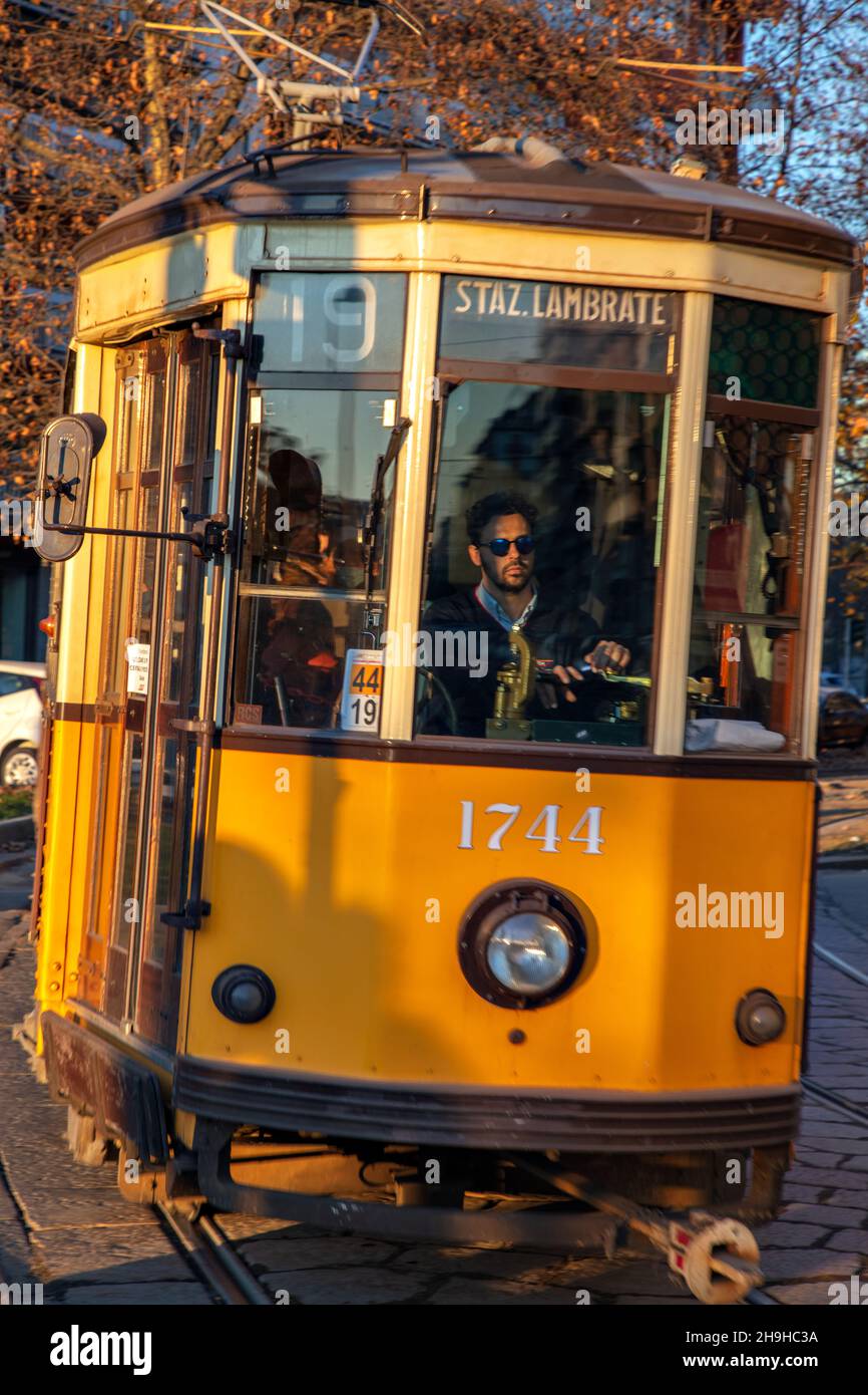 a beautiful old vintage tram, outside the CityLife District, Milan ...