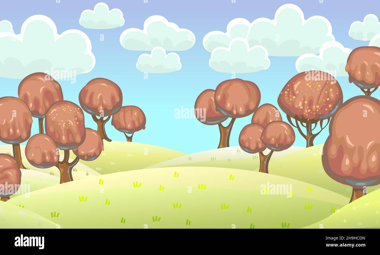 Chocolate trees landscape. Fairy tale garden. Summer fantasy scene ...