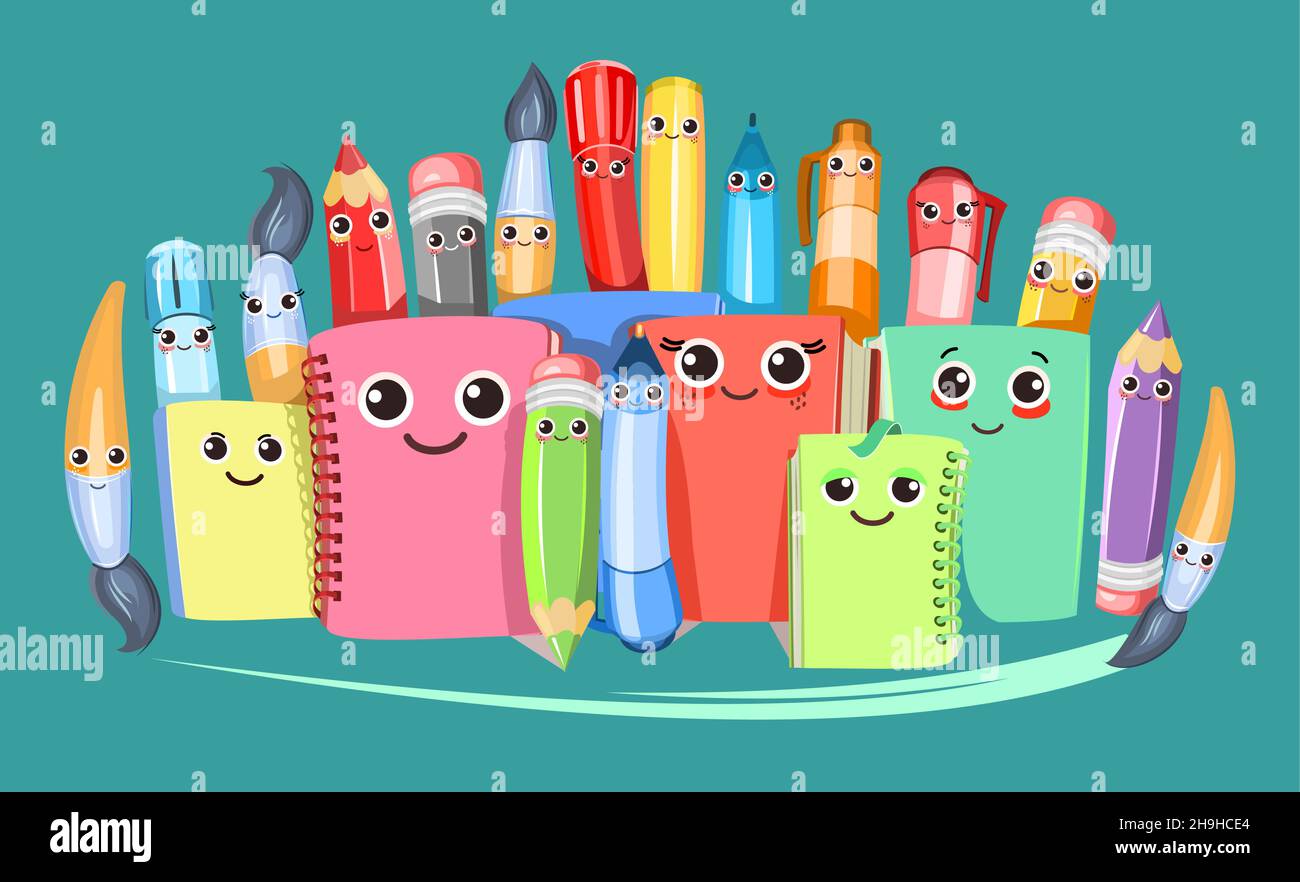 Stationery. Cartoon characters with faces. Markers and pencils ...