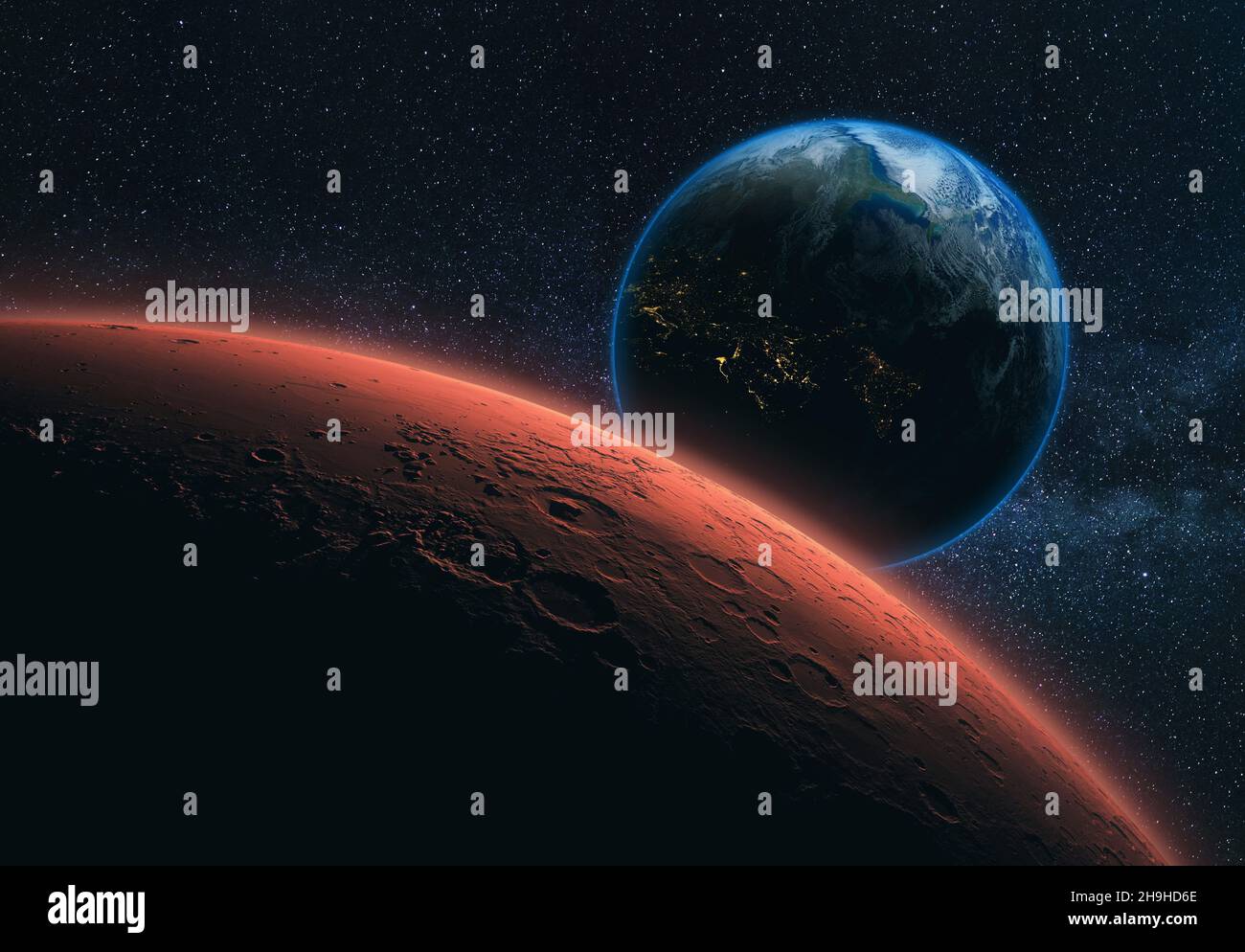 Red planet earth with craters and blue planet Earth in space with stars ...