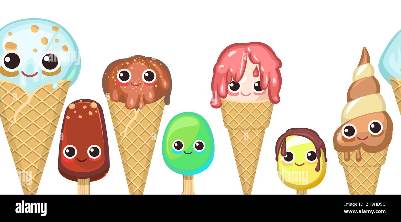 Various ice cream. Funny cartoon characters. Seamless background ...
