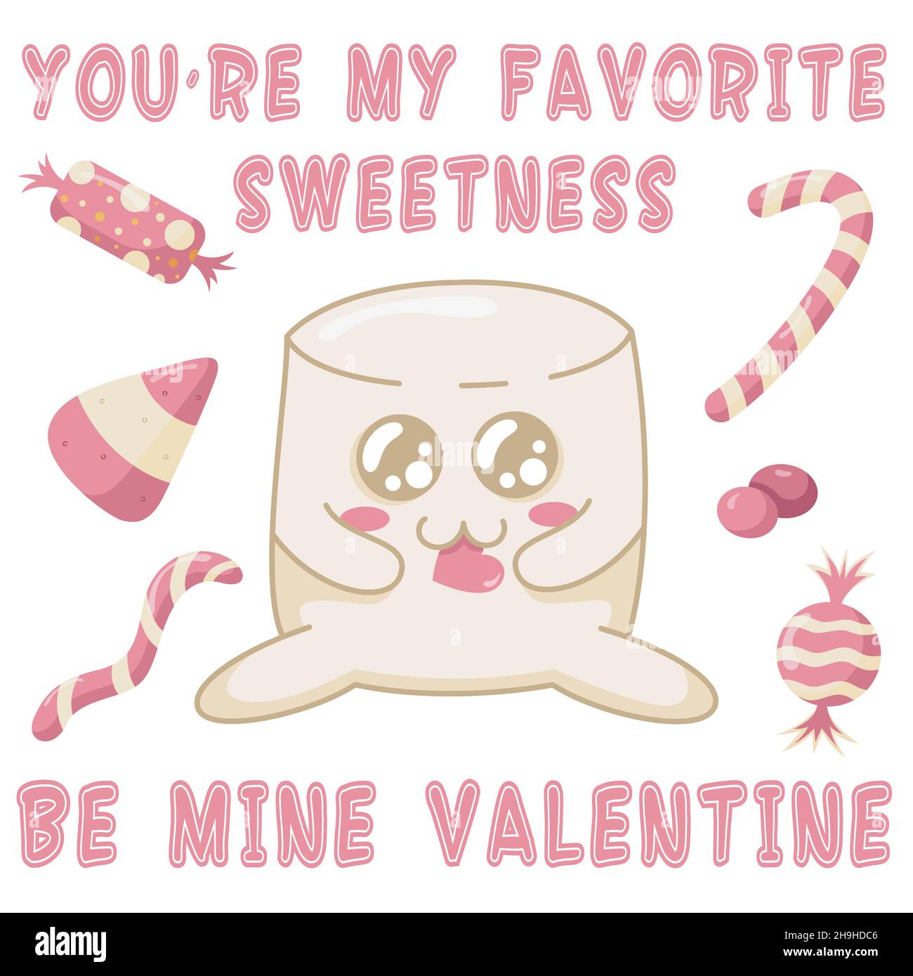 Cute kawaii marshmallow chewing a candy heart surrounded by different ...