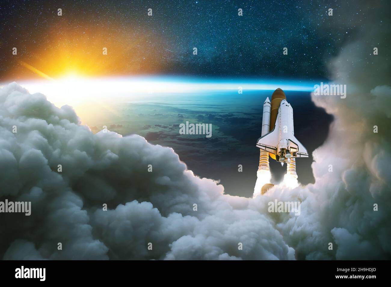 Rocket takes off into outer space. Spaceship lift off with blast and ...