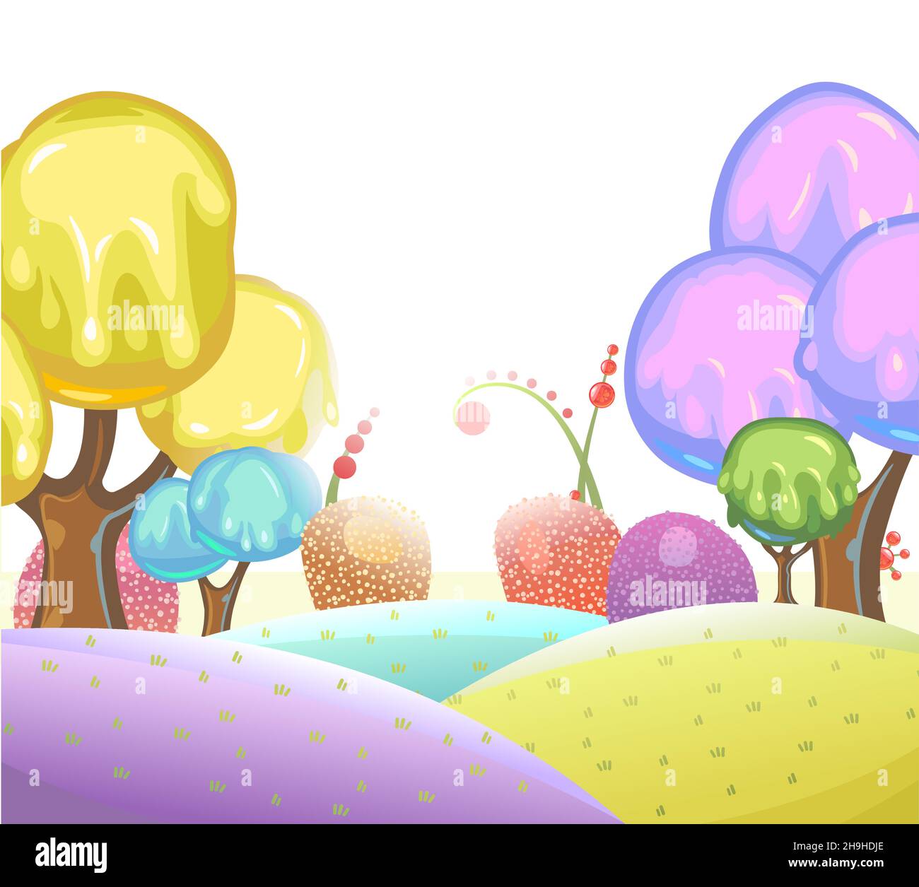 Candy background. Cartoon sweet land. Beads of jelly, ice cream and ...