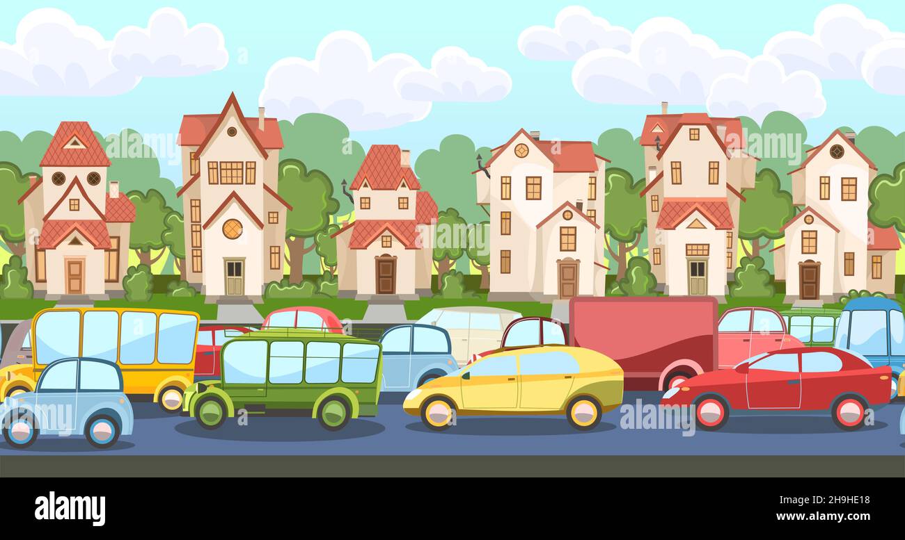 Heavy traffic on road. Seamless horizontal cartoon illustration ...