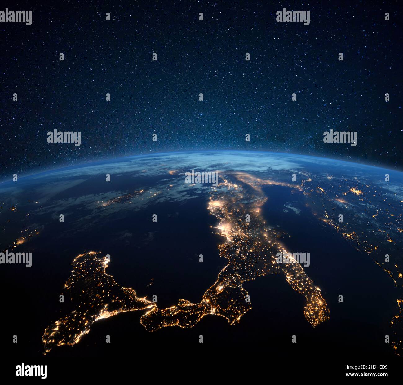 Beautiful blue planet earth with night city lights. Central Europe and ...