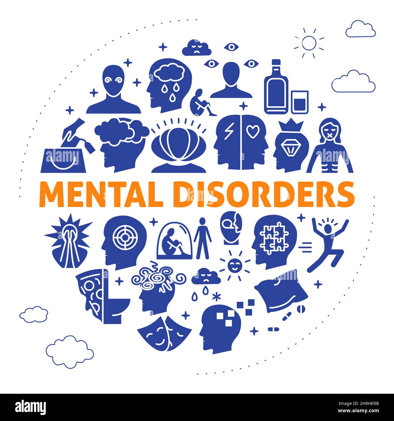 Mental disorders round concept poster in flat style. Psychological ...