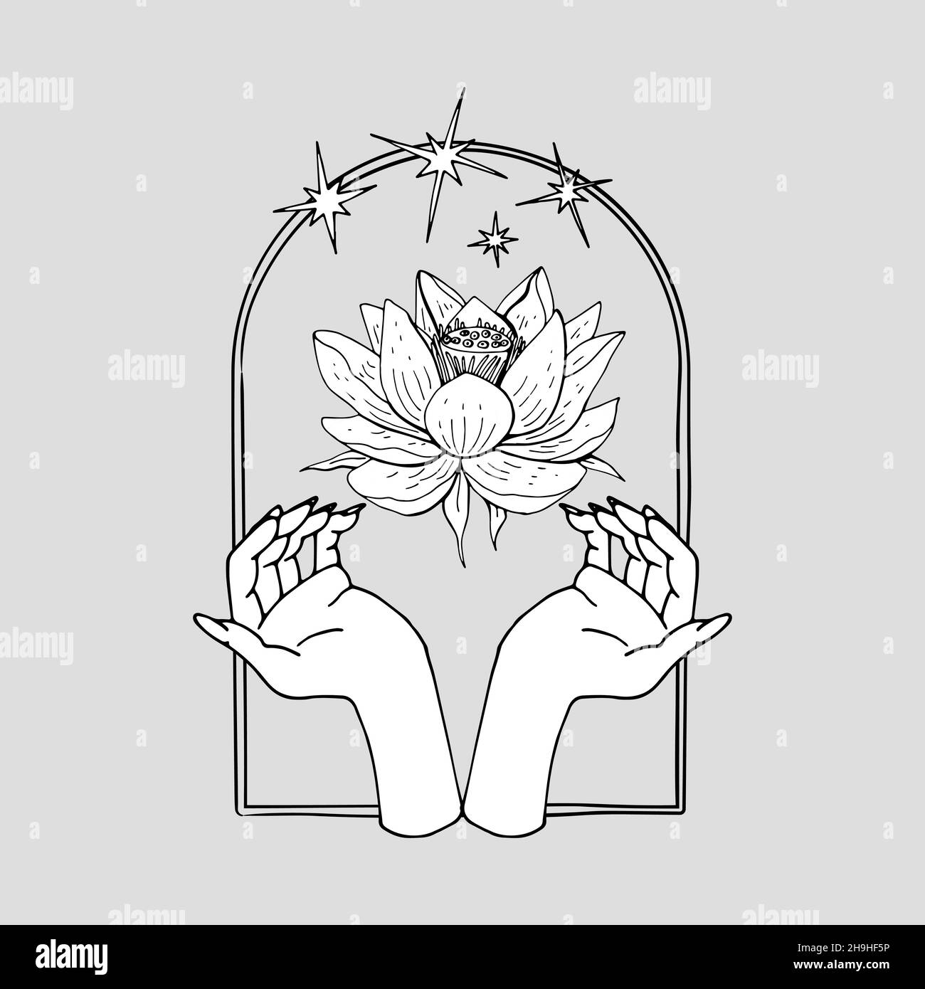 Vintage Mystic hands and lotus flower bloom inside arch with stars ...