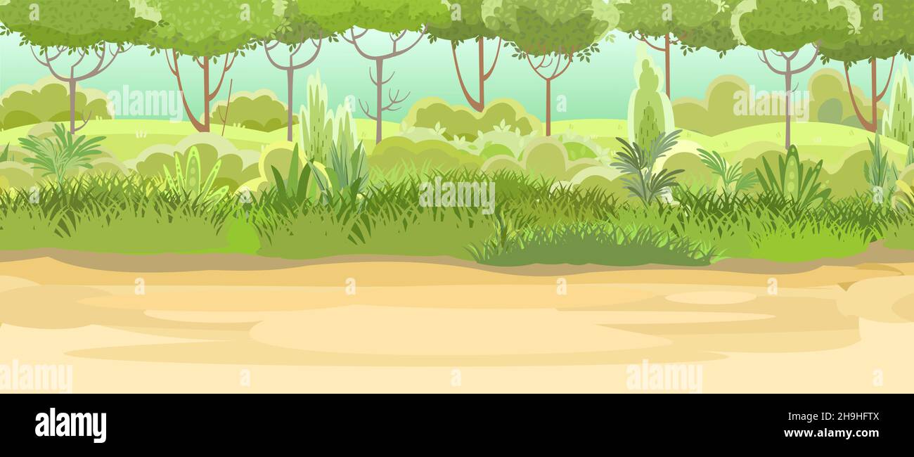 Road at the edge of the forest. Herbaceous green thickets and bushes ...