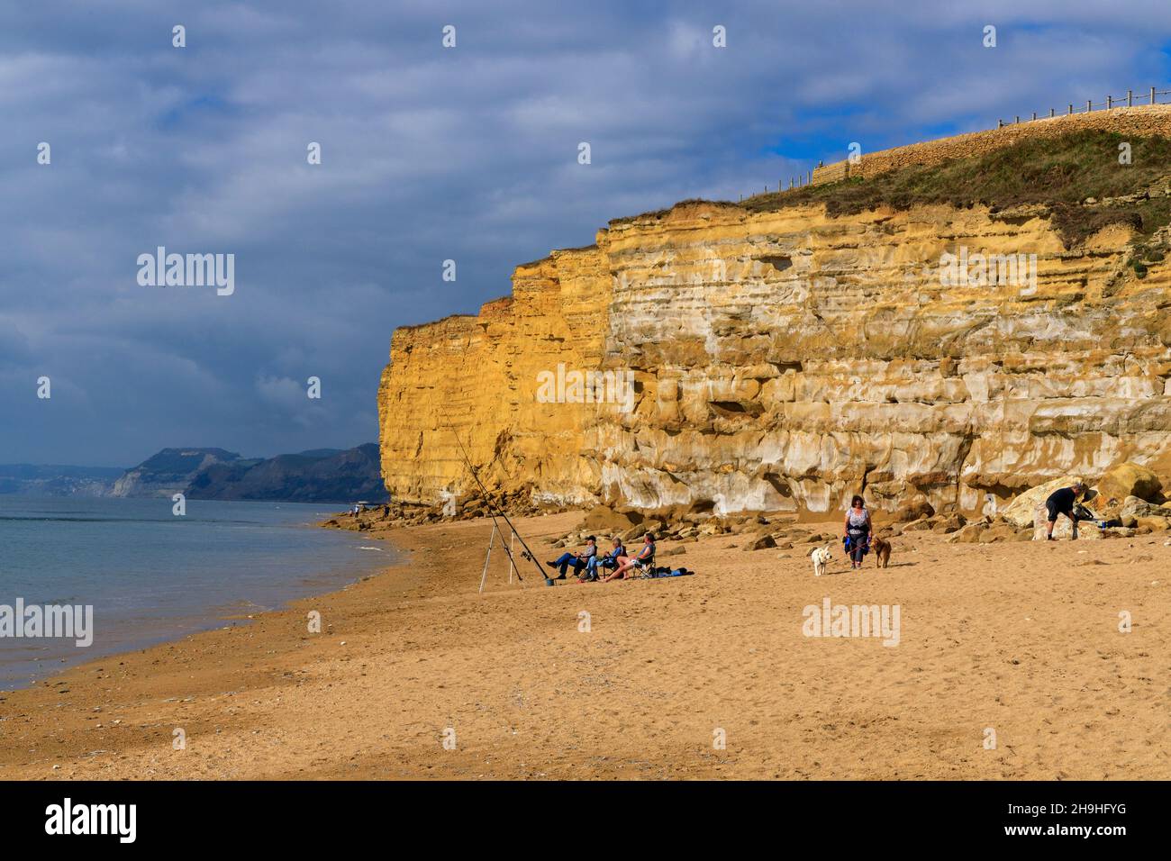 The unstable sandstone cliffs on the Jurassic Coast at Burton Bradstock ...