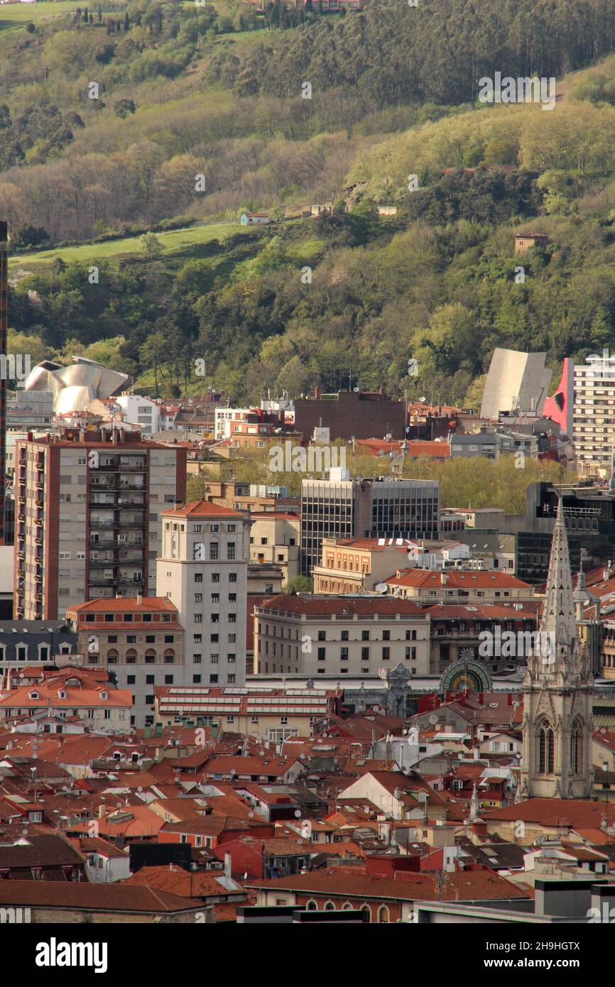 Beautiful view of the city Bilbao with many colorful buildings with ...