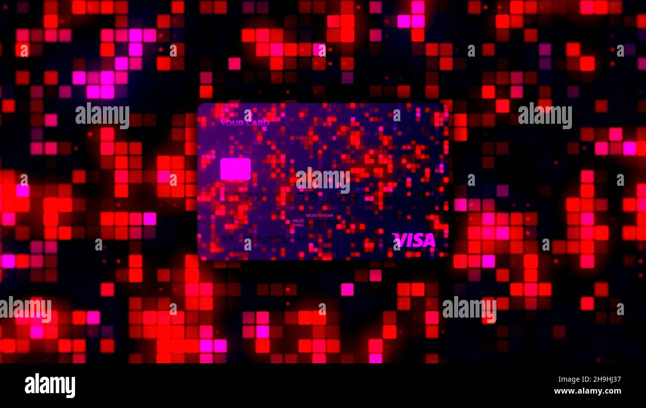 Abstract flying credit cards on the background of flickering small rows ...