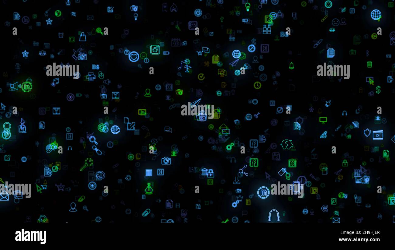Bright neon icons with symbols in circles on black background ...