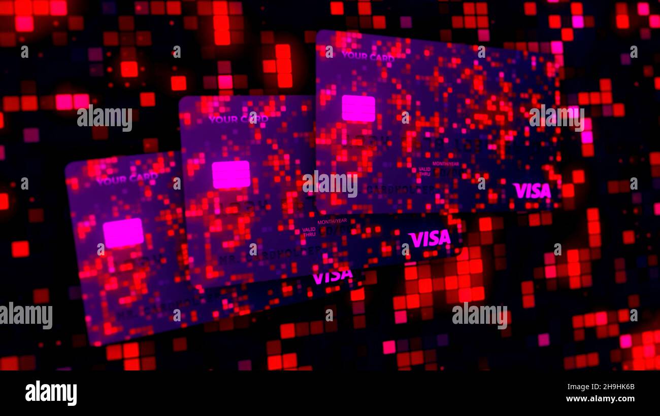 Abstract flying credit cards on the background of flickering small rows ...