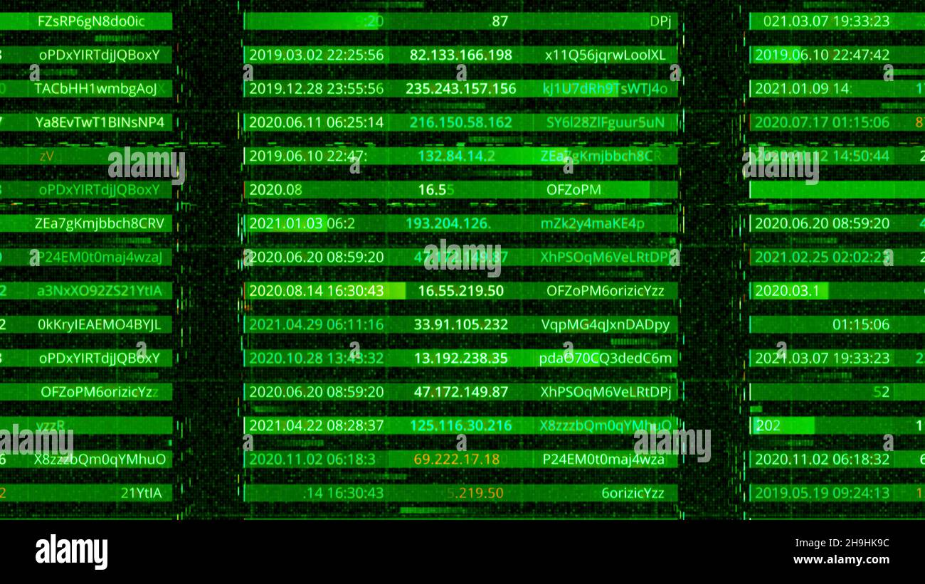 List of data and passwords. Animation. Database with IP addresses and ...