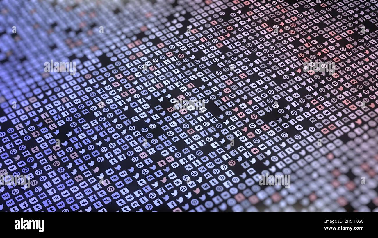 Abstract background with glowing app icons. Animation. Infinite number ...