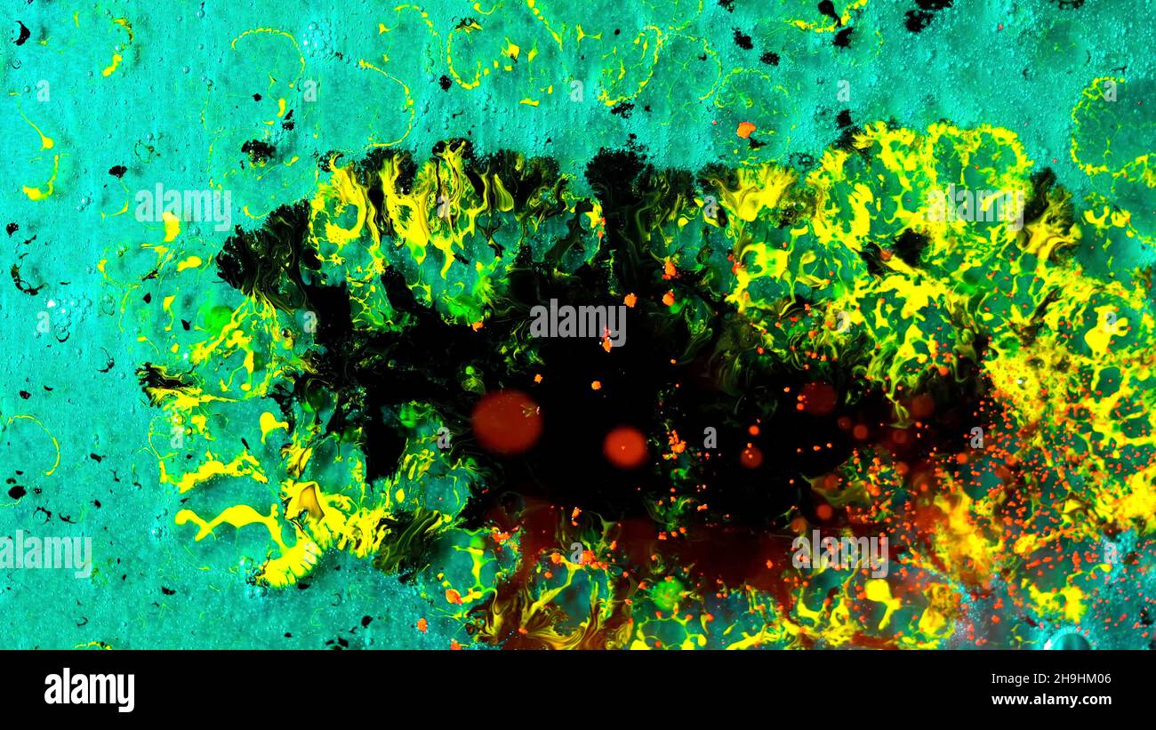 Surface with acid ink stains. Close-up of powder bright paint on ...