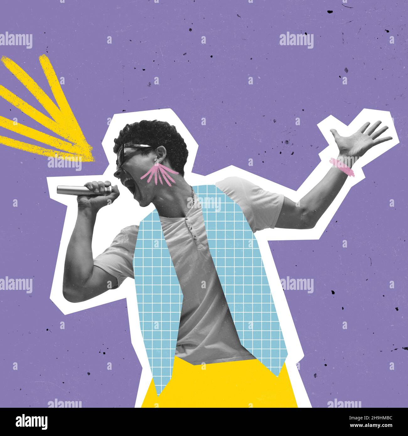 Young man, singer with microphone on bright neoned background ...