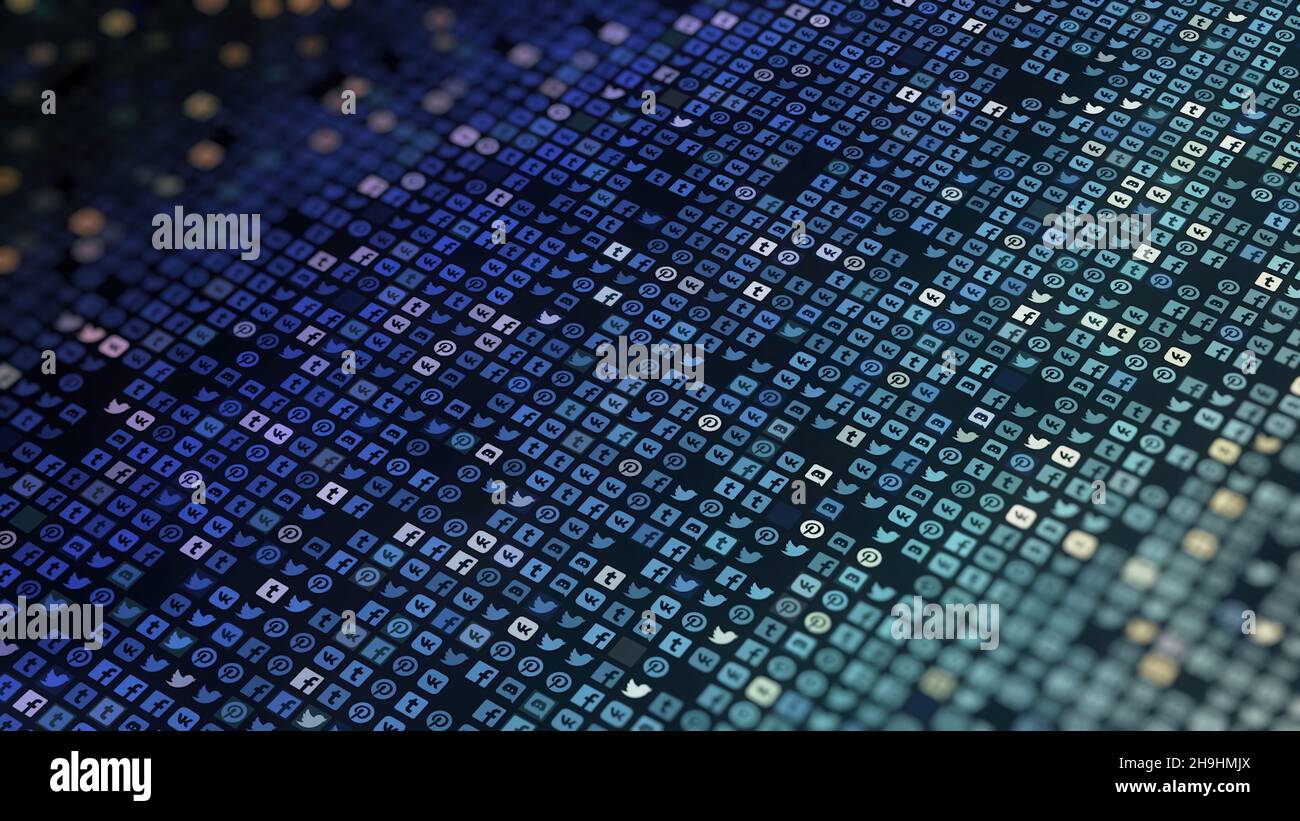 Abstract background with glowing app icons. Animation. Infinite number ...