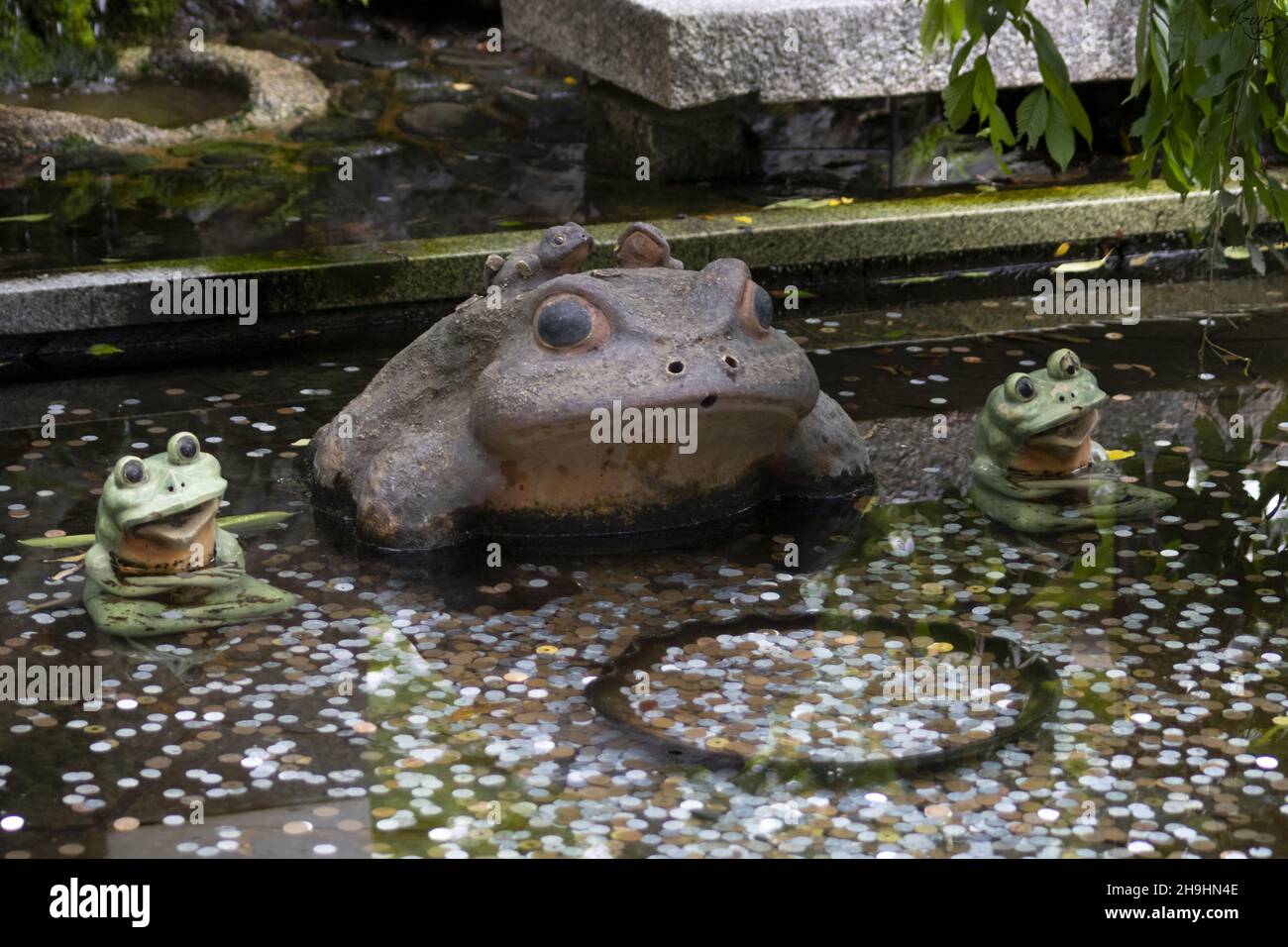 Closeup of the statues of a toad with two little frogs in the pool ...