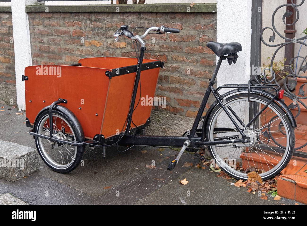Cargo Bicycle With Big Wooden Bucket Parked in Front of House Stock ...
