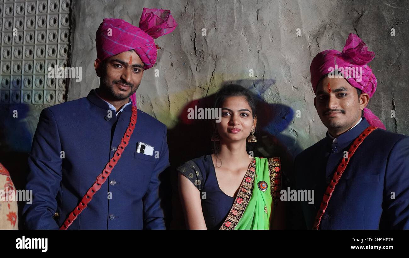 21 November 2021 Reengus, Rajasthan, India. Two Asian groom with red ...