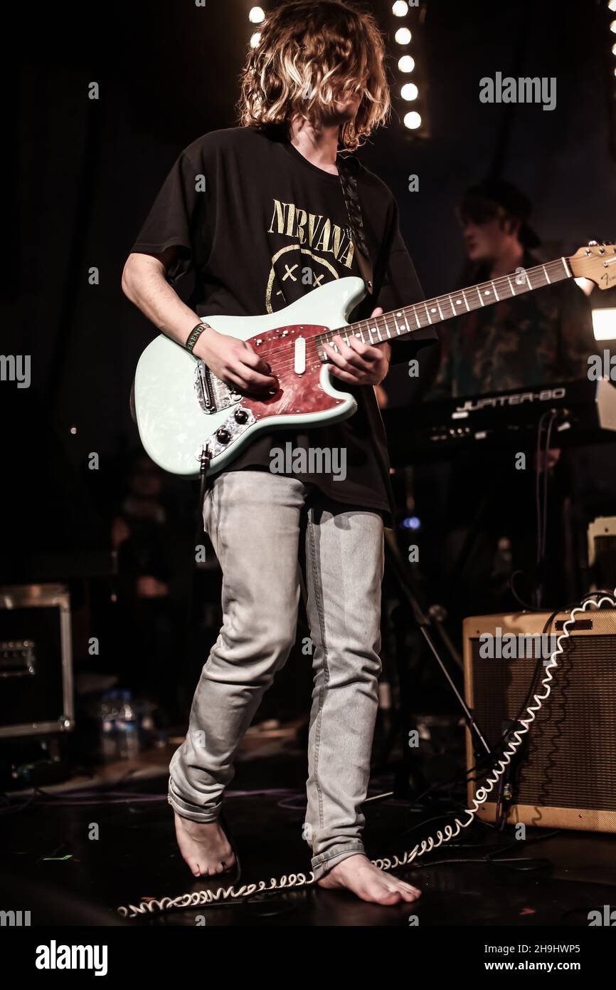 Zachary Robinson bass player in Swim Deep performing live on stage at ...
