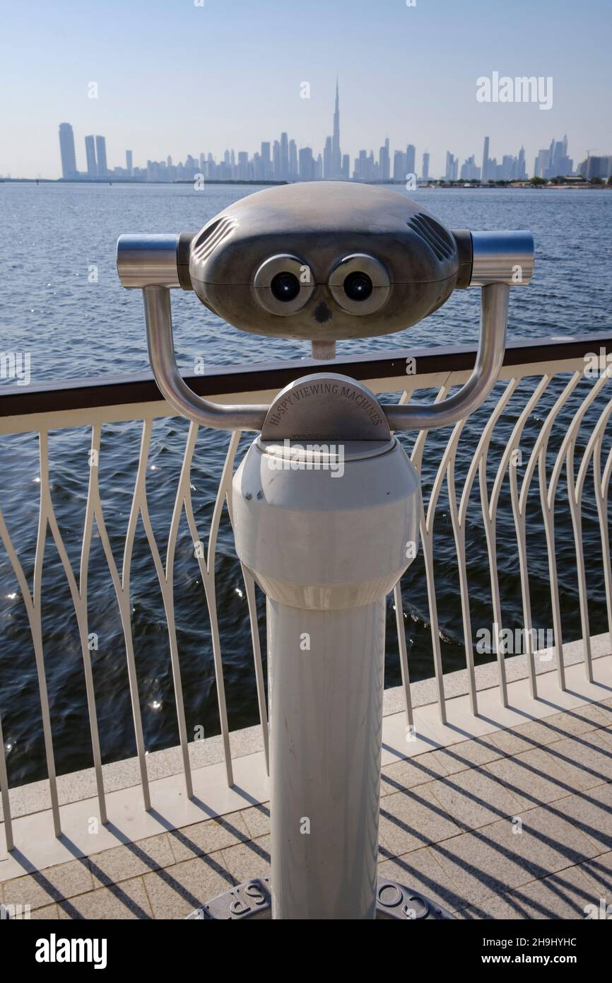 A viewing machine at Dubai Creek looking towards Downtown and the Burj ...