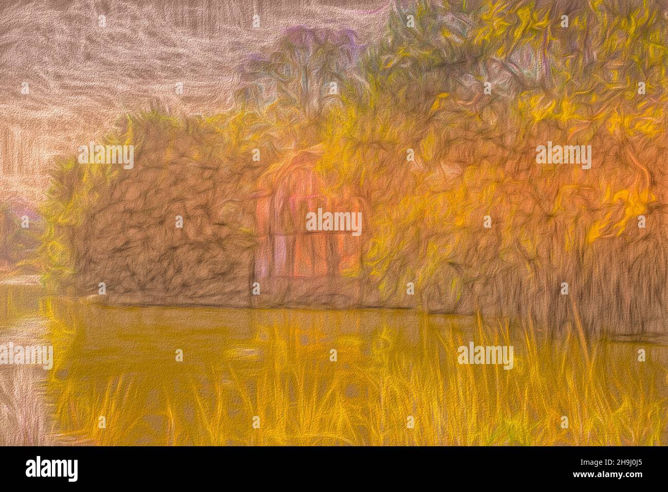 An abstract digital painting of a lake with grass on its banks Stock ...