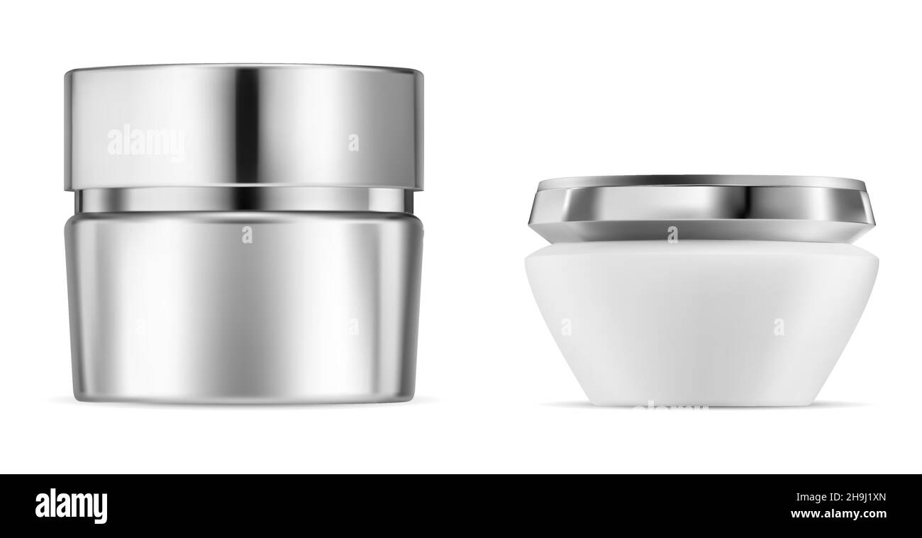 Silver cosmetic cream jar mockup. Face care cream container, white ...